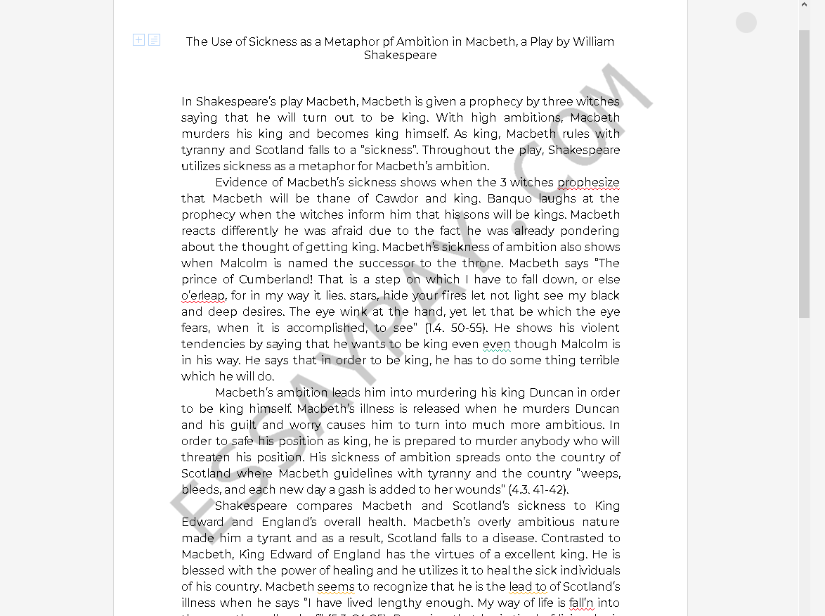 The Use Of Sickness As A Metaphor Pf Ambition In Macbeth A Play By 